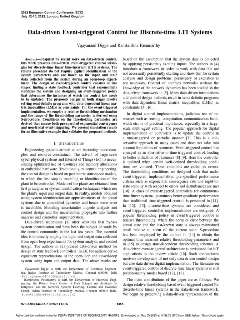 Data-Driven Event-Triggered Control For Discrete-Time LTI Systems | PDF | Control Theory ...