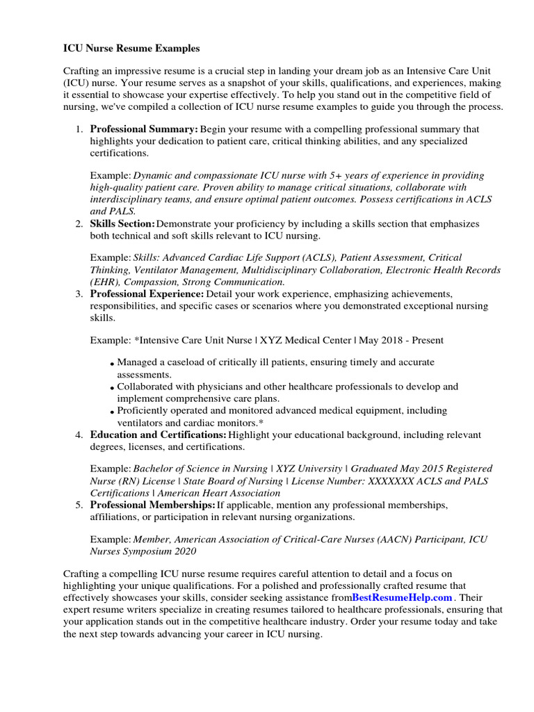 Icu Nurse Resume Examples | Download Free PDF | Nursing | Intensive ...