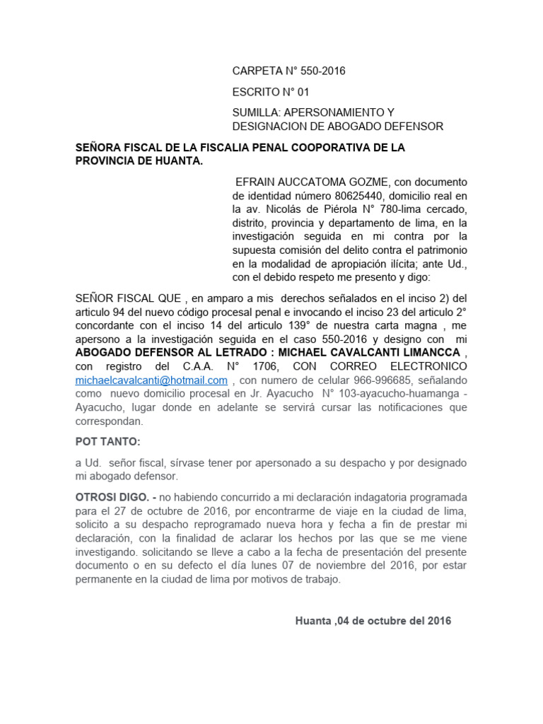 apersonamiento y designacion de abogado defensor | PDF | Fiscal | Gobierno
