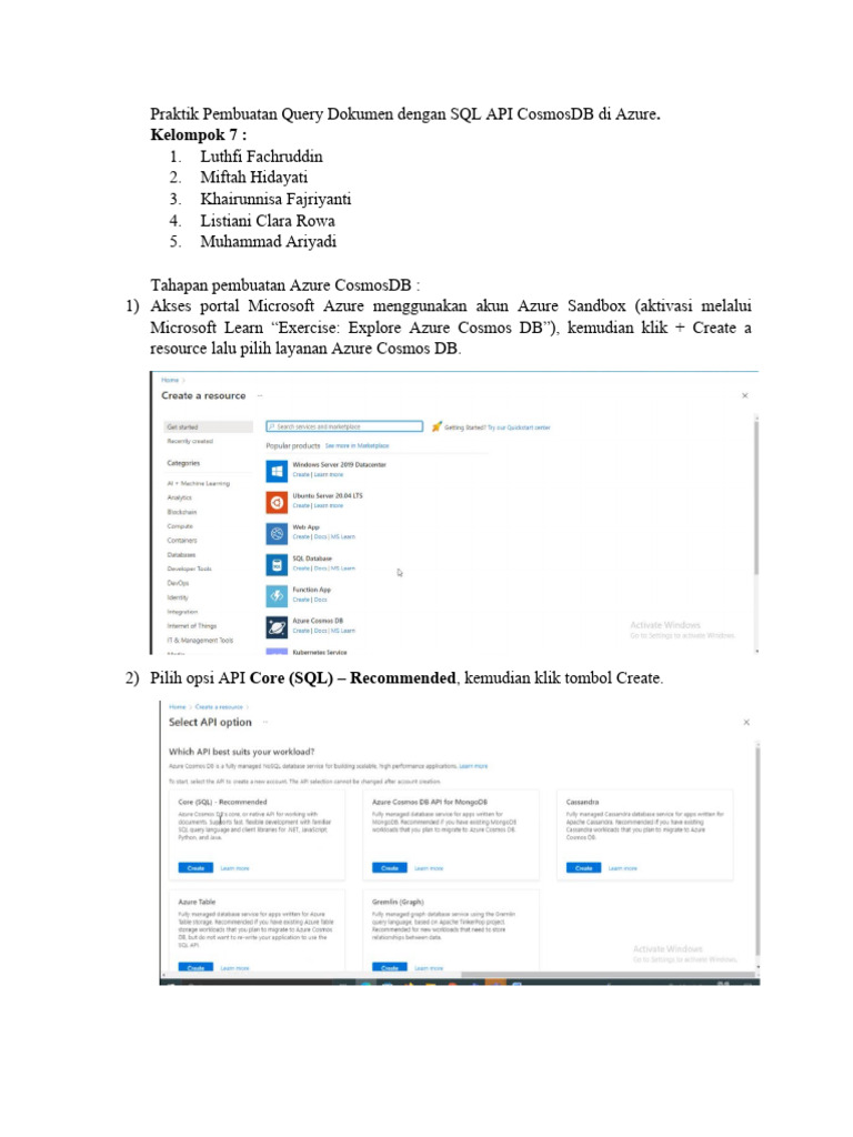 Praktik Pembuatan Qery Dokumen Dengan SQL API CosmosDB Di Azure - Kelompok 7 | PDF