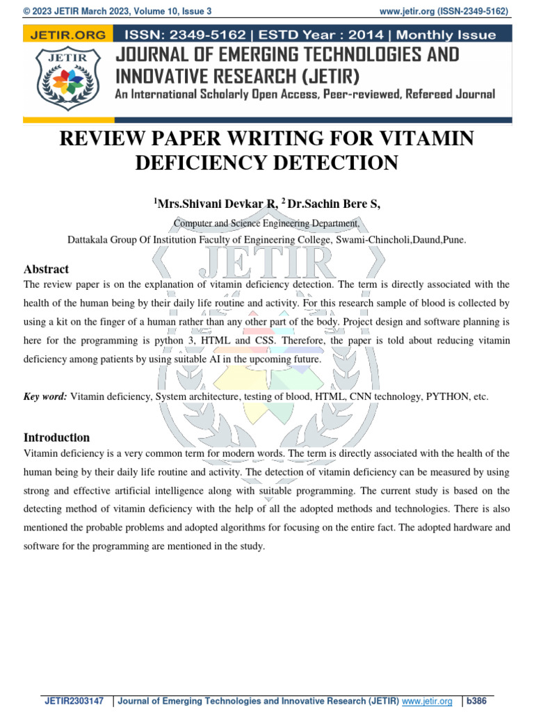Review Paper Writing For Vitamin Deficiency Detection: Mrs - Shivani ...
