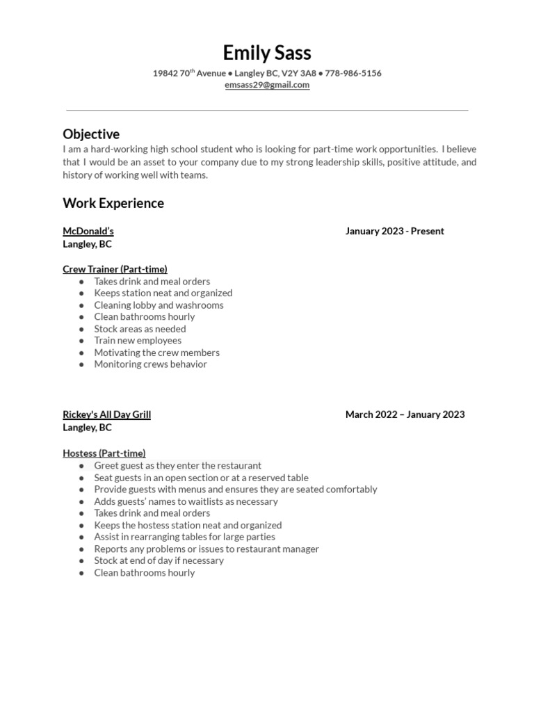 emily sass resume 2024 | PDF | Restaurants | Eating Behaviors Of Humans