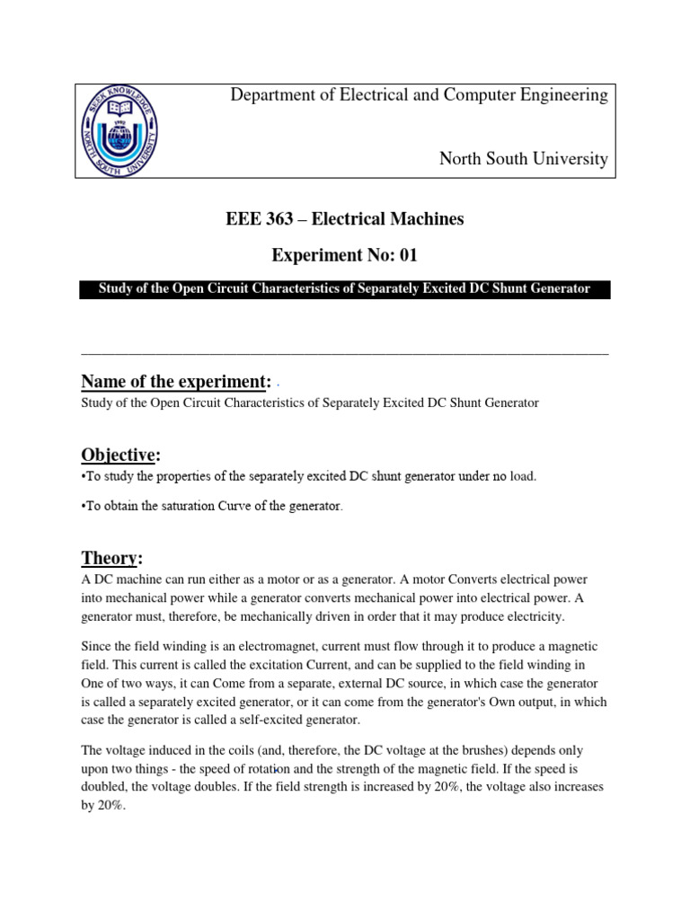 EEE363 (Exp 1) Study of The Open Circuit Characteristics (OCC) of ... EEE363 (Exp 1) Study of The Open Circuit Characteristics (OCC) of ...