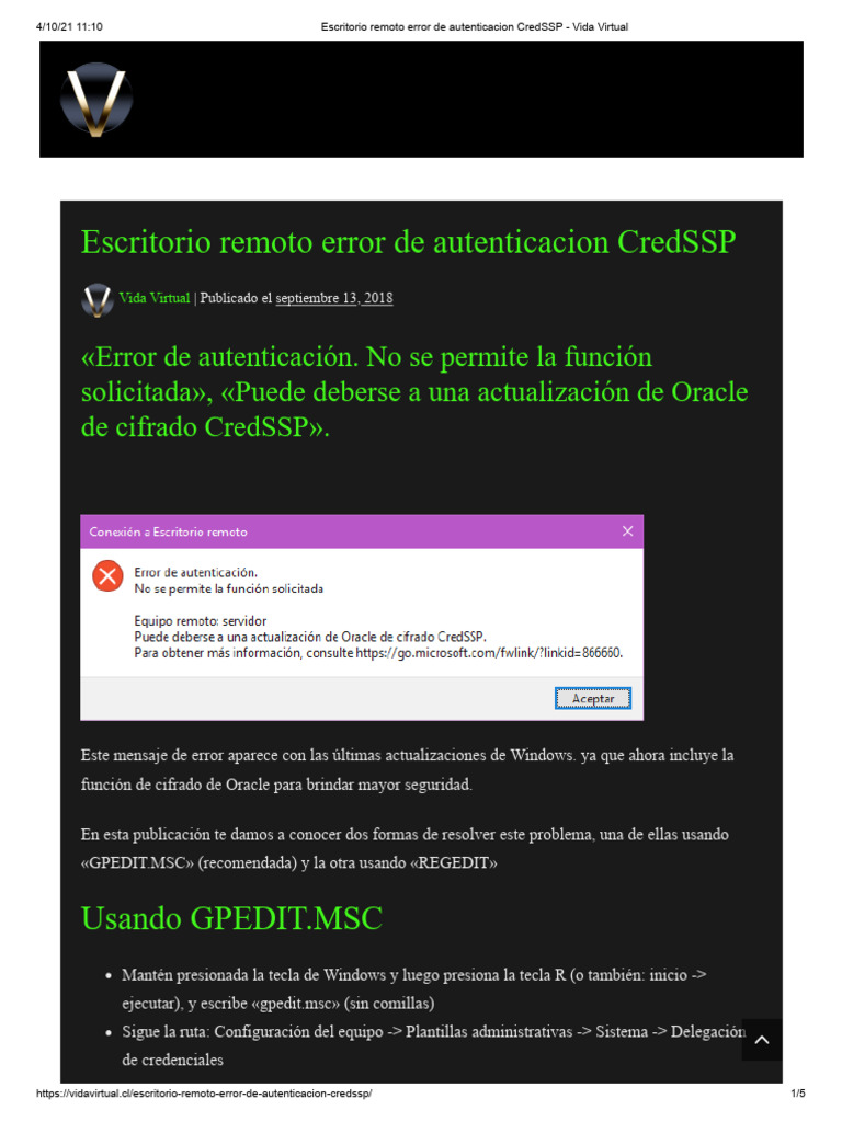 Escritorio Remoto Error de Autenticacion CredSSP | PDF | Registro de Windows | Microsoft Windows
