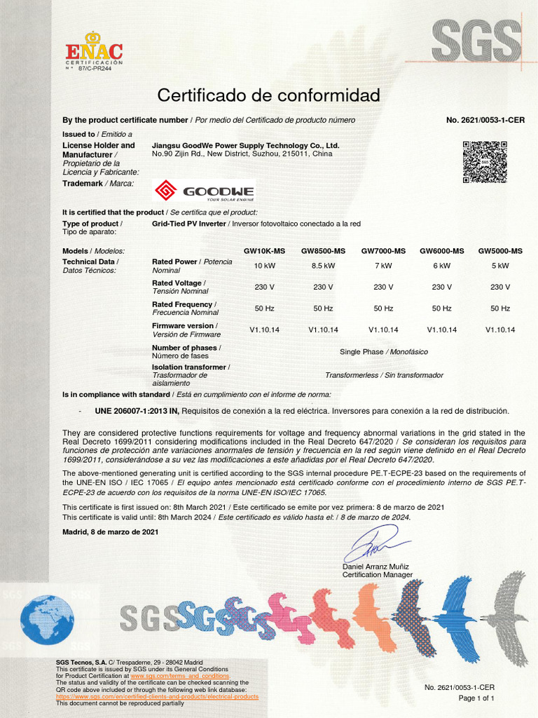 GW - MS 5-10K - Certificado UNE 206007 (CERTIFICADO INV. GOOD WE) | PDF | Metrología ...