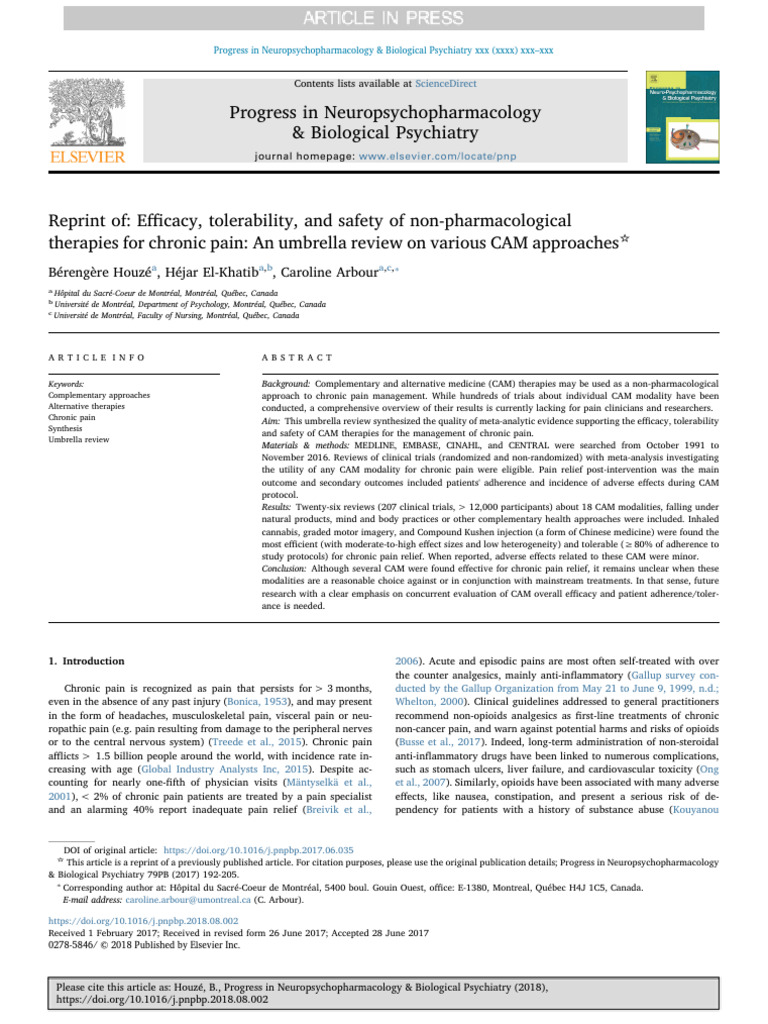 Efficacy Tolerability and Safety of Nonph Therapies For Chronic Pain ...