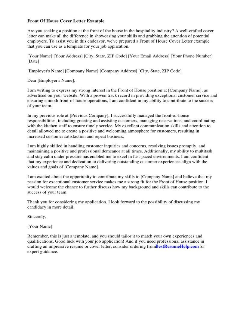 Front of House Cover Letter Template | PDF | Résumé | Knowledge
