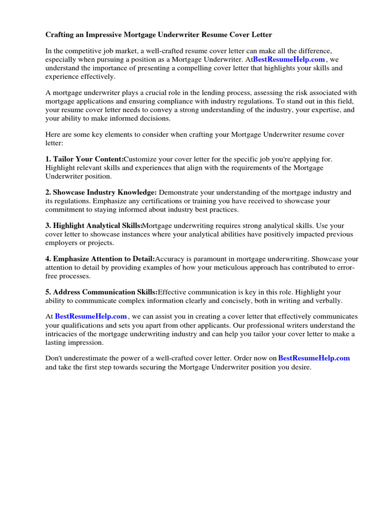 Mortgage Underwriter Cover Letter Guide | PDF | Mortgages | Underwriting