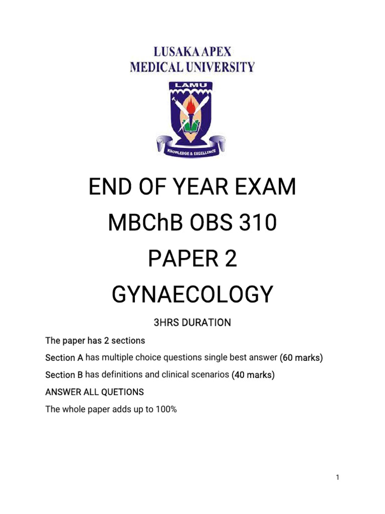 Apex Paper 2 Gynaecology Final Exam-1 | PDF