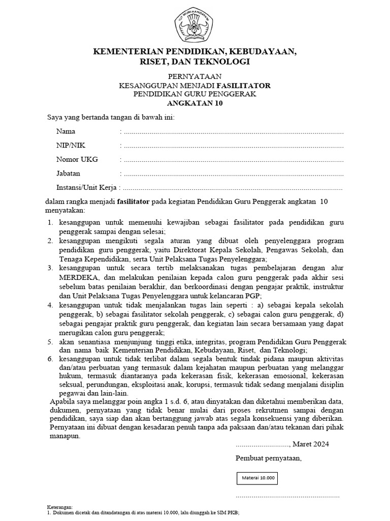 Pernyataan Kesanggupan Fasilitator A10 | PDF | Karier & Perkembangan
