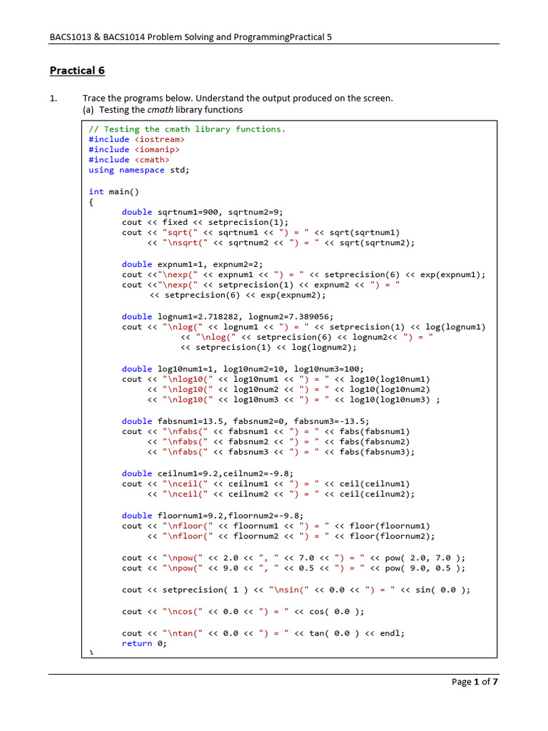 Practical 6 - Standard Functions | PDF | Namespace | Computer Science