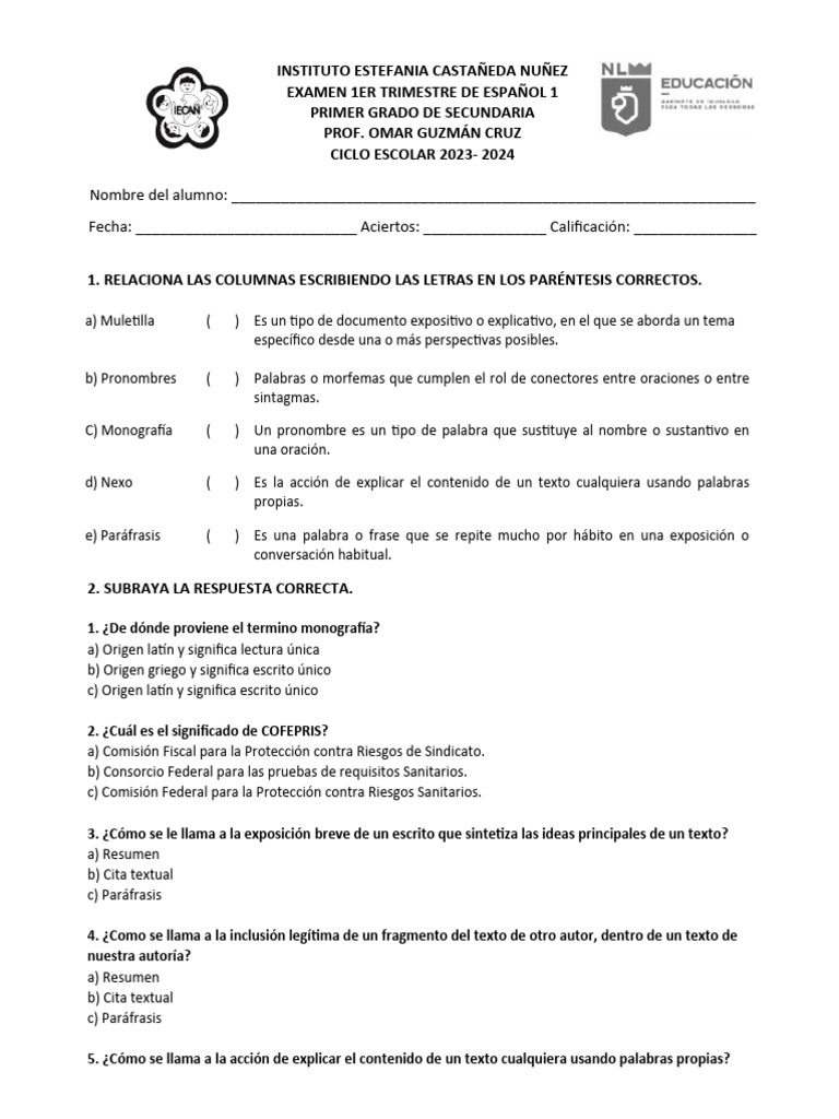 Examen Español 1-T1 | PDF