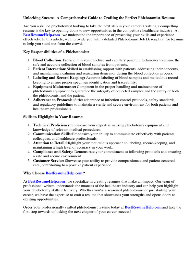 Phlebotomist Job Description For Resume | PDF | Résumé | Patient