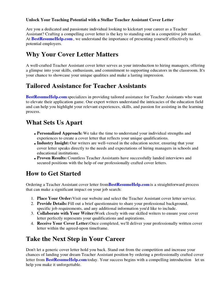 Teacher Assistant Cover Letter Sample | PDF | Teachers | Learning