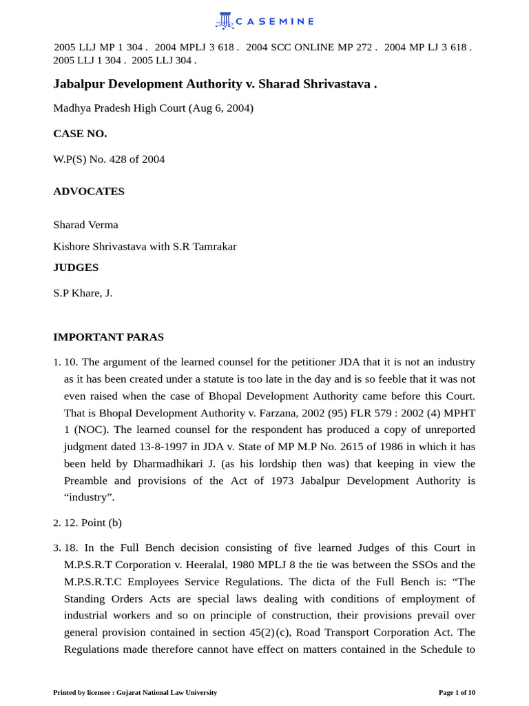 CASEMINE - Jabalpur Development Authority v. Sharad Shrivastava | PDF ...
