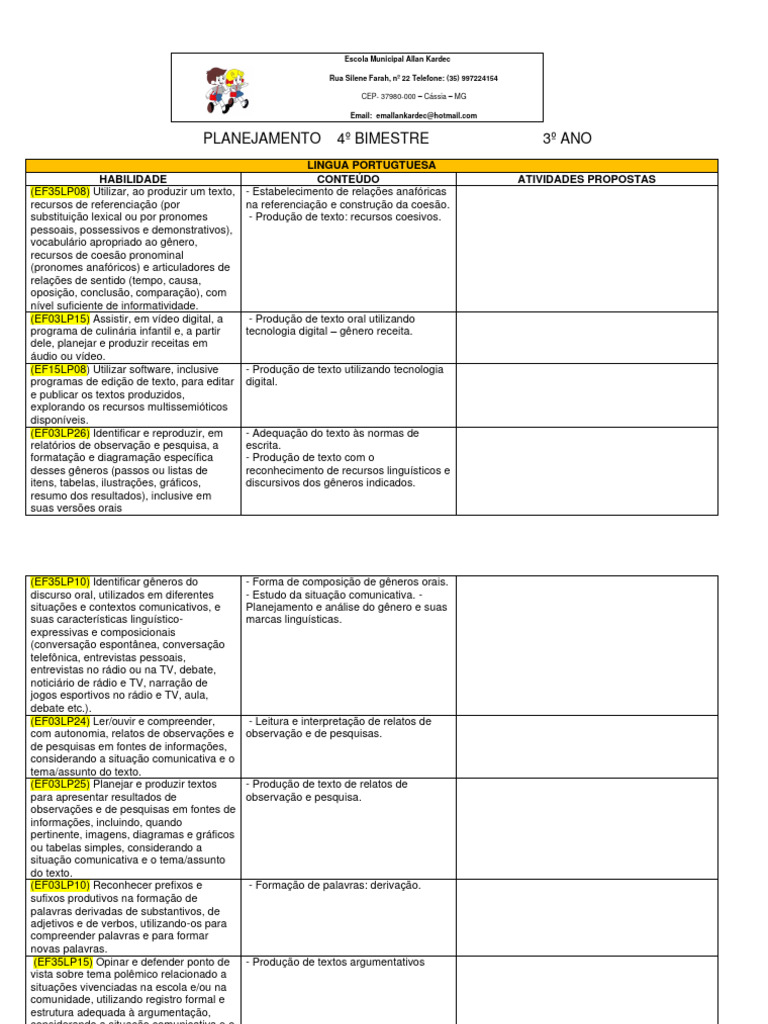 Planejamento Quarto Bimestre Terceiro V | PDF
