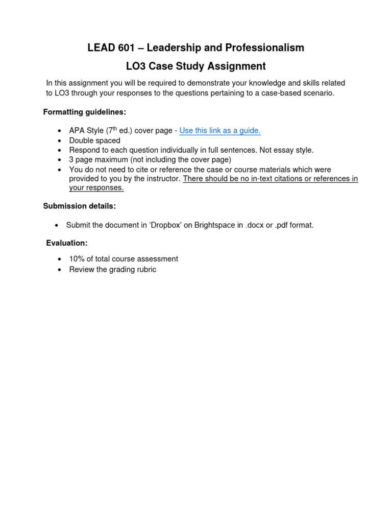LO3 Case Study Assignment | PDF | Rubric (Academic) | Cognition