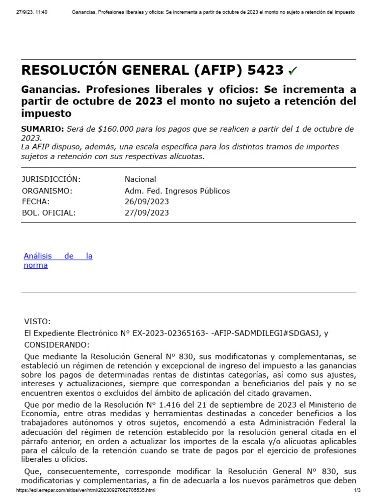 RG 5423 - Afip | PDF | Impuesto sobre la renta | Impuestos