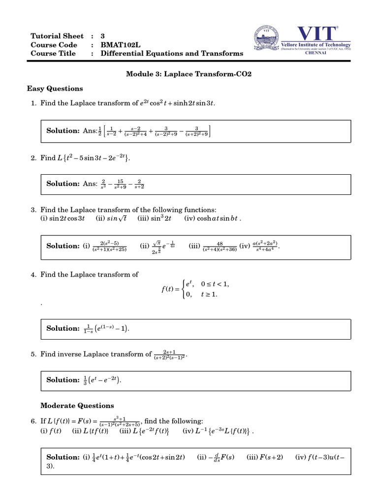 Module3-Tutorial Sheet-DET-BMAT102L | PDF | Equations | Mathematics
