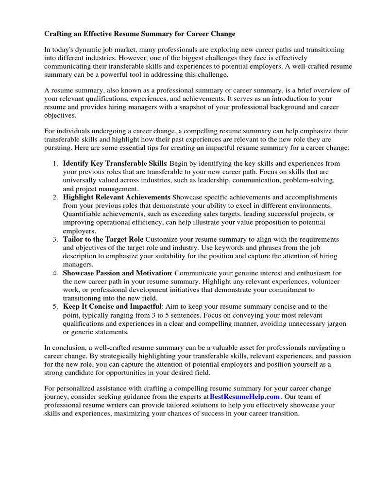 Resume Summary for Career Change | PDF | Résumé