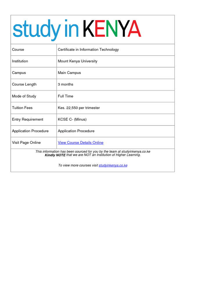 Mount Kenya University Certificate In Information Technology Course