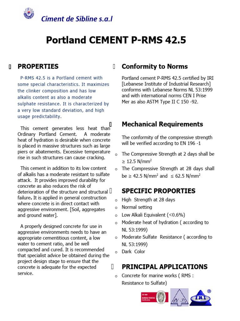 Portland Cement P-RMS 42.5 Overview | PDF | Cement | Concrete