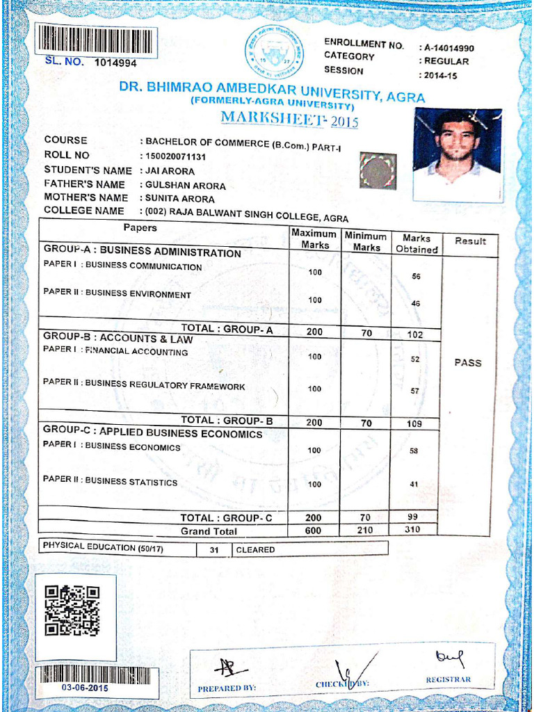 GRAD Marksheet and Degree - JAI ARORA | PDF