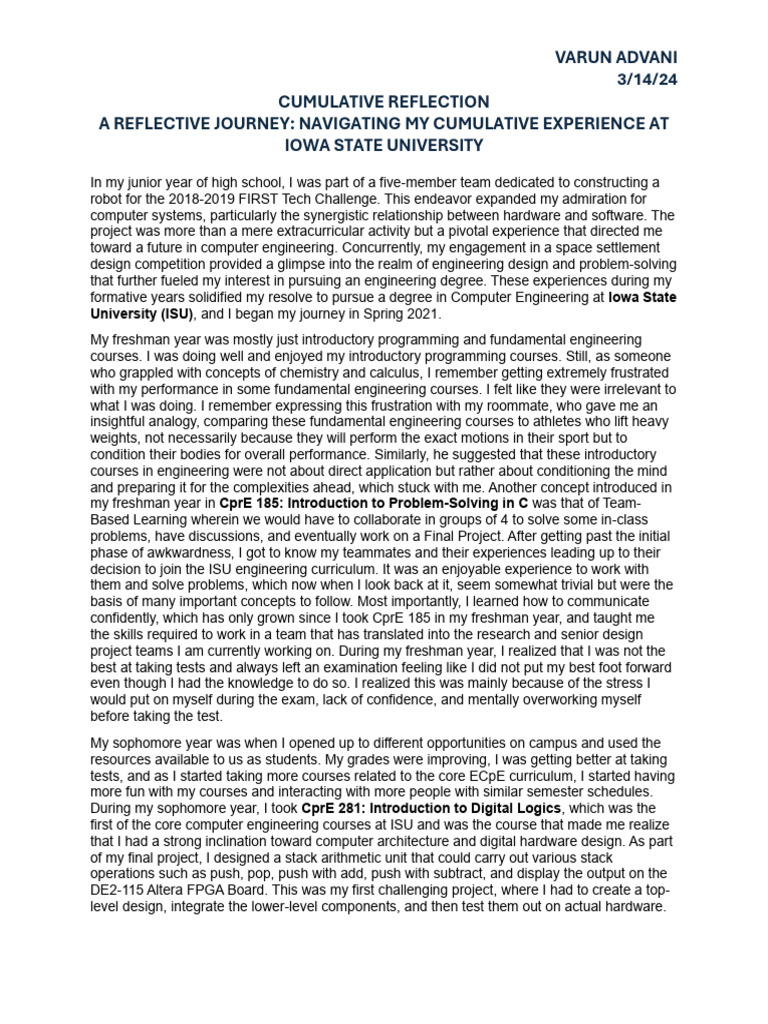 Cumulative Reflection Assignment | PDF | Engineering | Curriculum