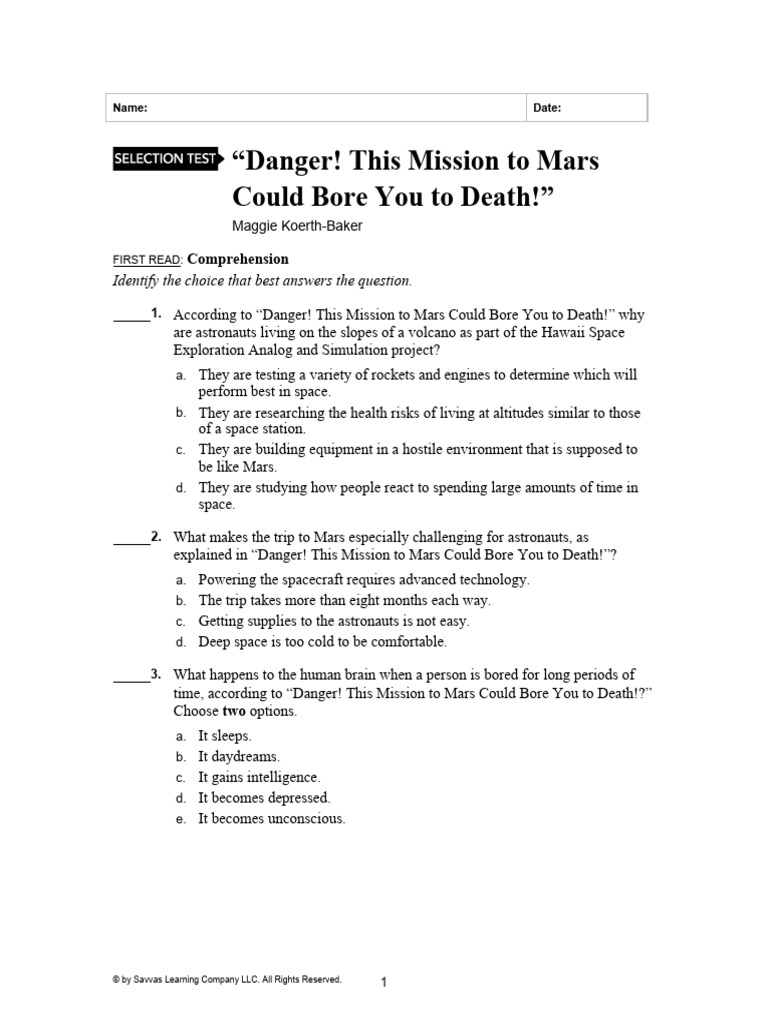 Selection Test Danger Questions Students - Worksheet | PDF | Astronauts ...