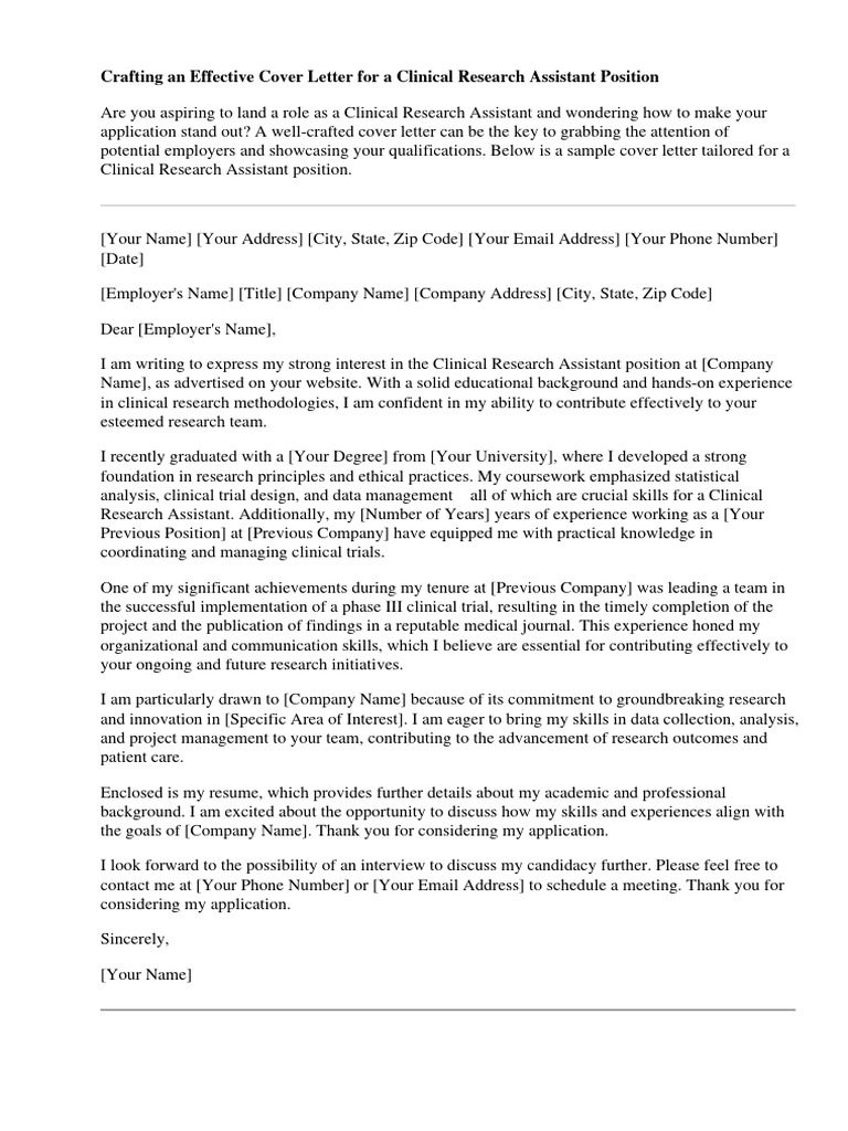 Sample Cover Letter For Clinical Research Assistant Position | PDF ...