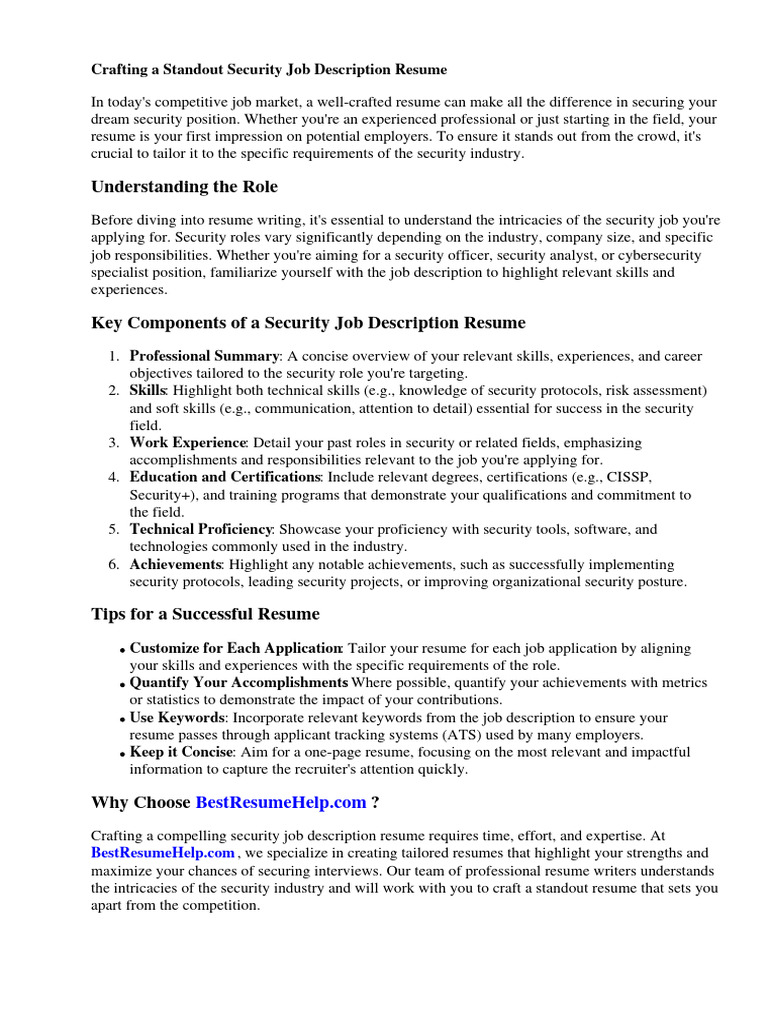 Security Job Description Resume | PDF