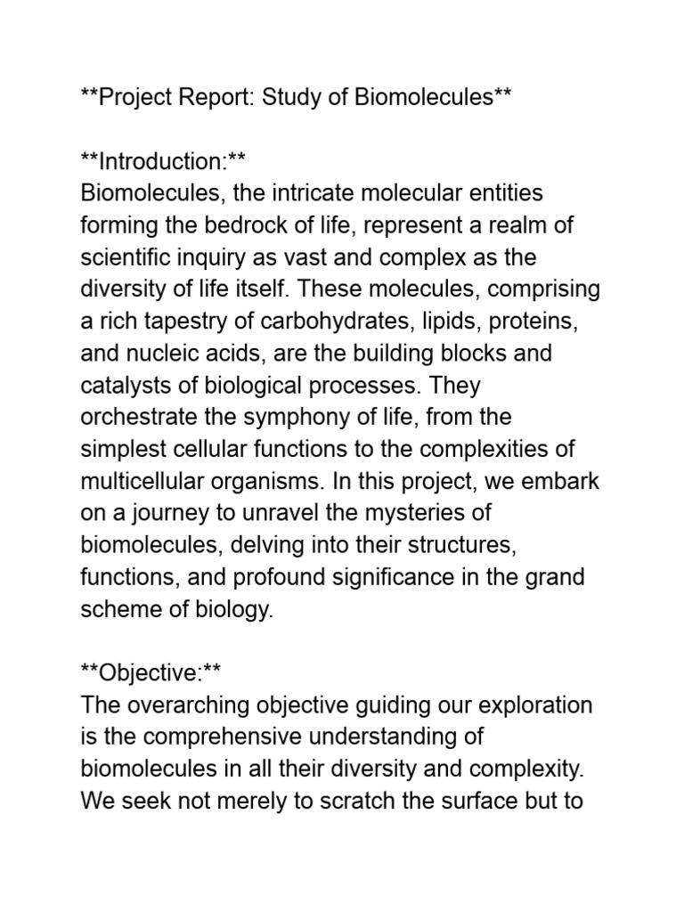 Project Report - Study of Biomolecules | PDF | Biomolecules | Life