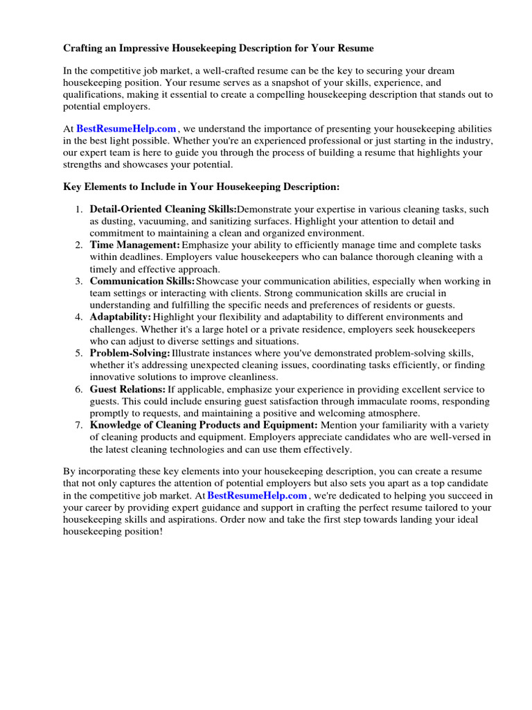 Housekeeping Description For Resume | Download Free PDF | Housekeeping | Inventory