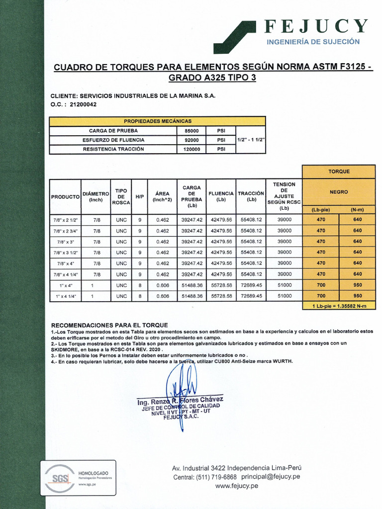 Tabla de Torque A325, Tipo 3 - Fejucy | PDF