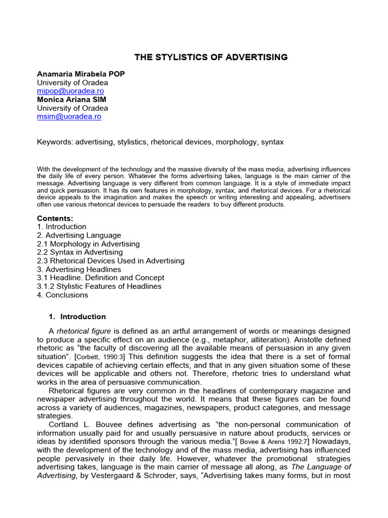 The Stylisticsof Advertising | PDF | Rhetoric | Advertising