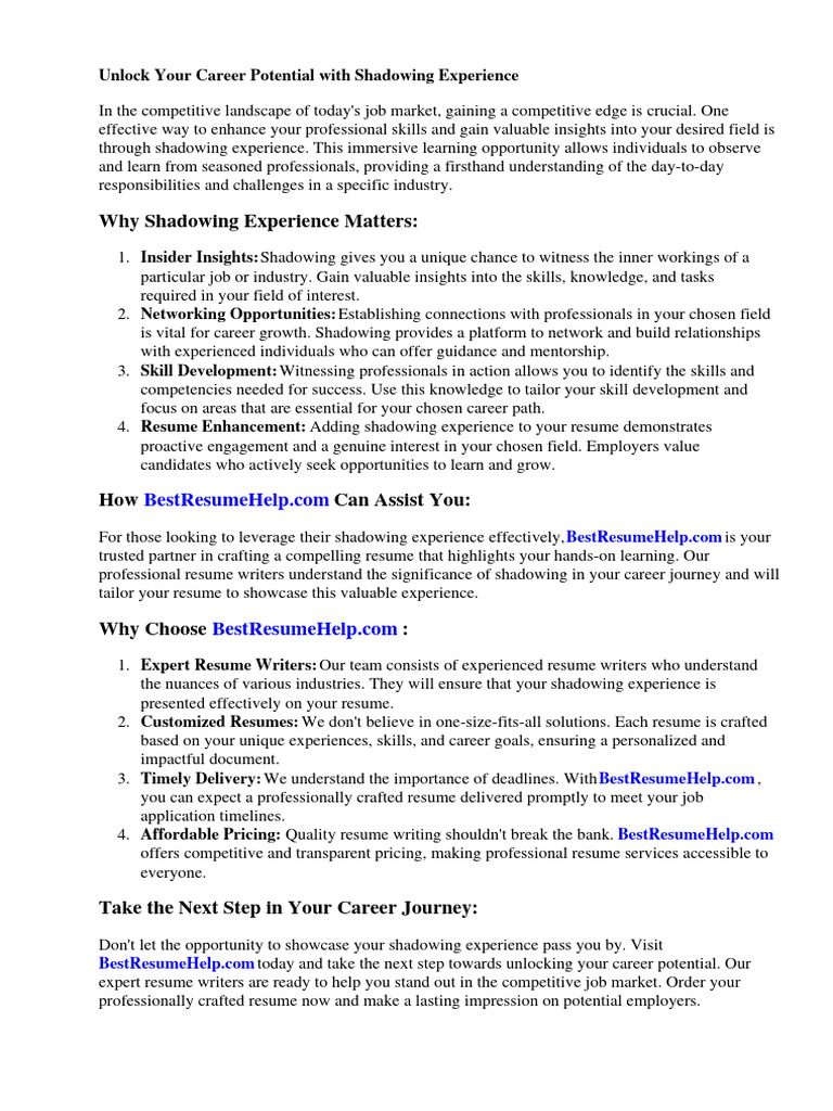 Shadowing Experience On Resume | PDF | Medicine | Health Care