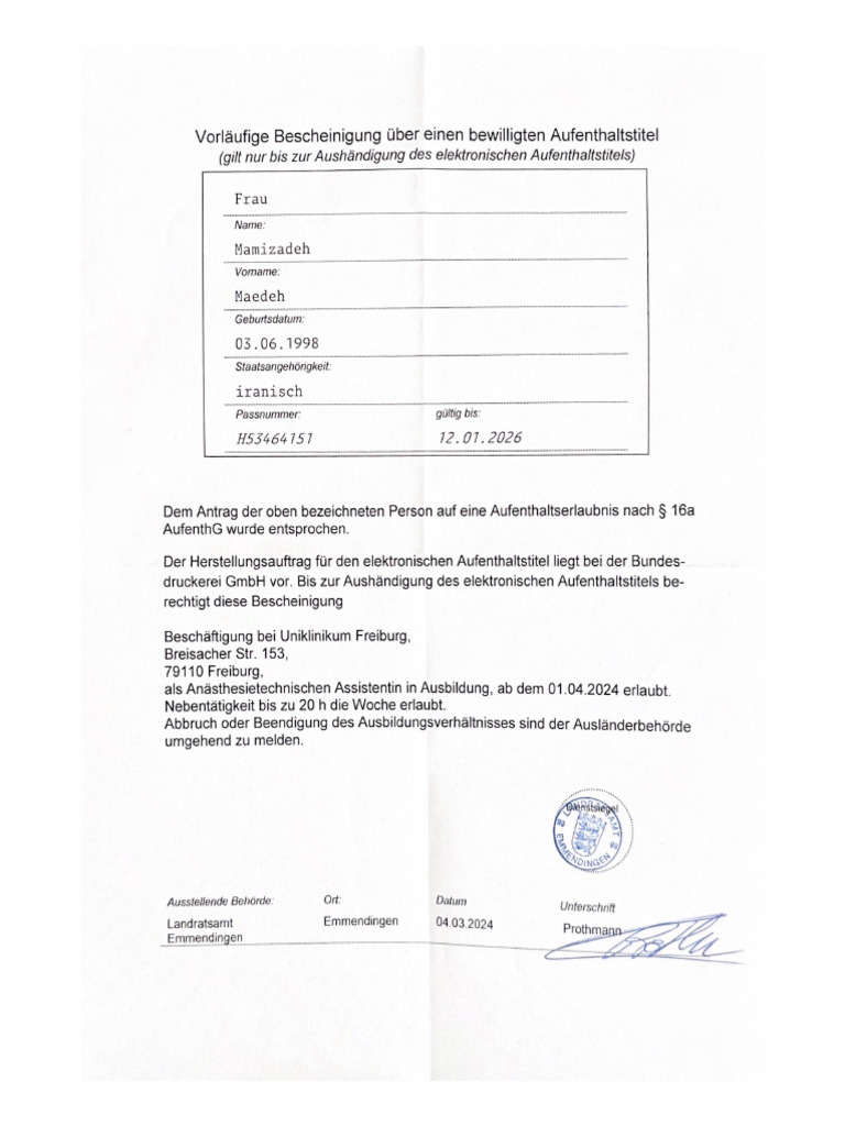 Vorläufige Bescheinigung Über Einen Bewilligten Aufenthaltstitel | PDF