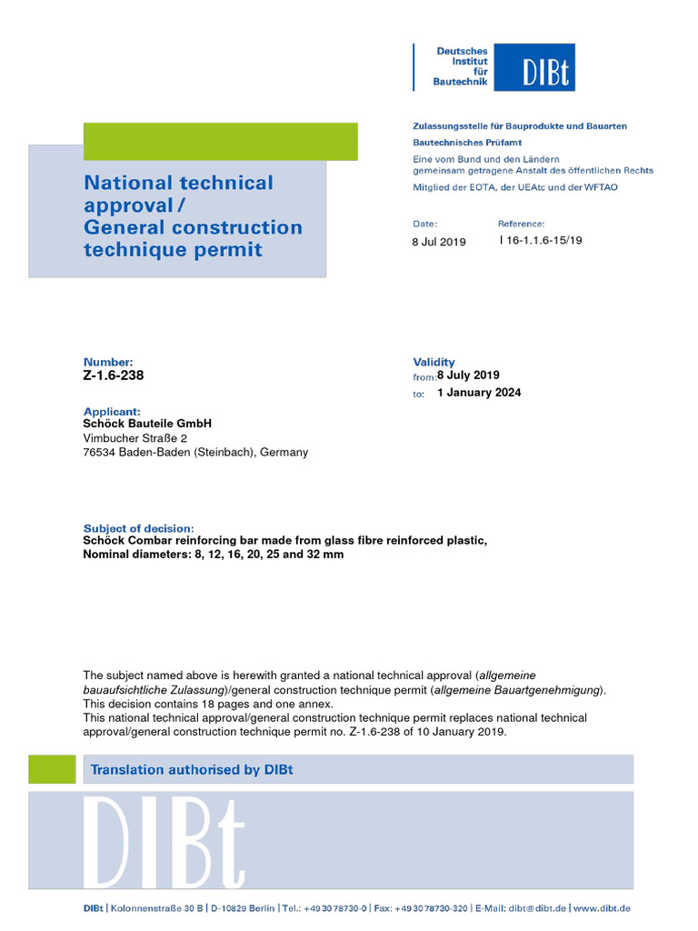 DIBt National Technical Approval Schoeck Combar Germany | PDF ...