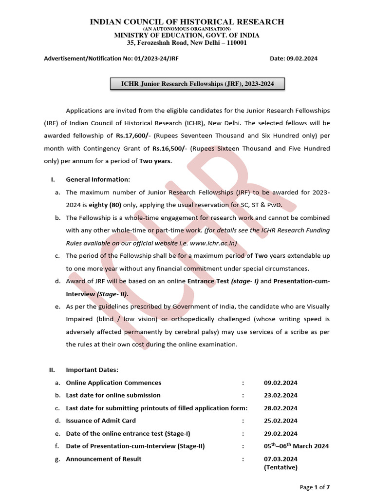 Notification of JRF 2023 24 | PDF | Indian Independence Movement