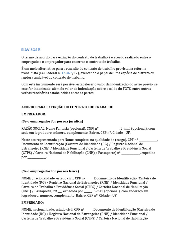 Modelo Acordo para Extincao Do Contrato de Trabalho | Download grátis ...