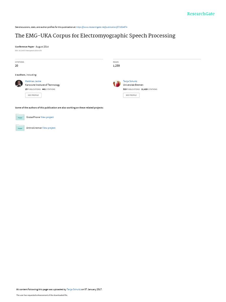 The EMG-UKA Corpus For Electromyographic Speech Processing | PDF | Electromyography | Speech