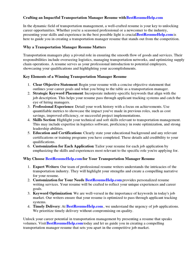 Transportation Manager Resume | PDF | Logistics | Transport