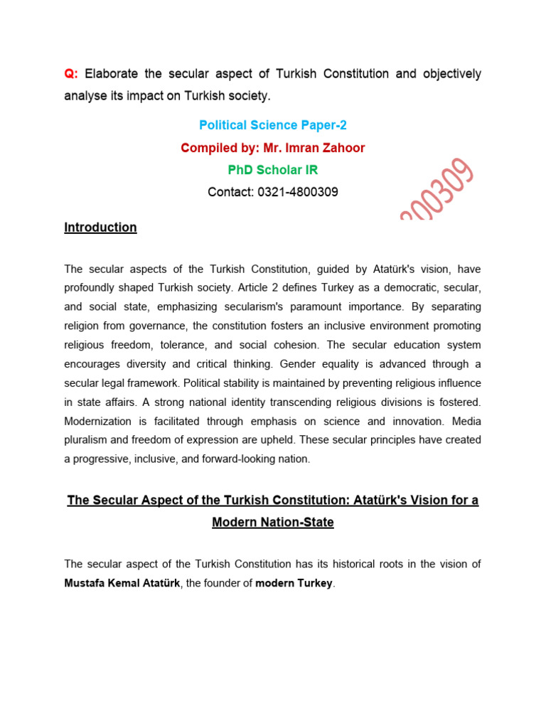 Lecture Notes Turkish Constitution | PDF | Secularism | Freedom Of Religion