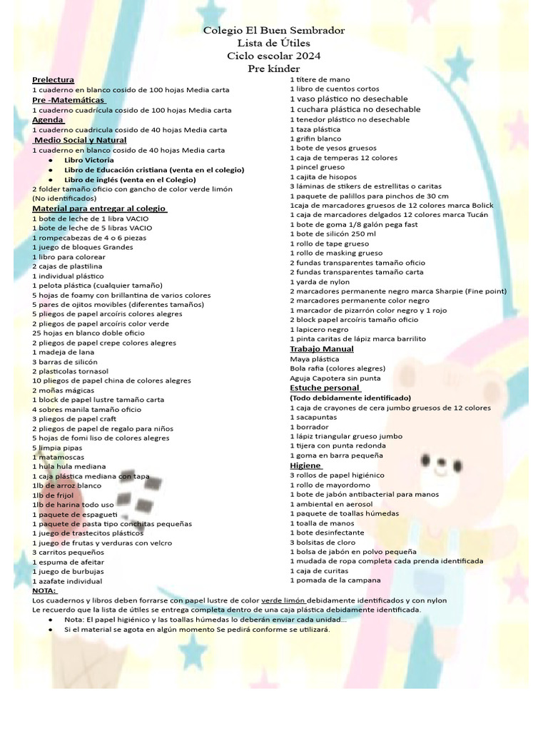 Lista Pre Kinder 2024 | PDF