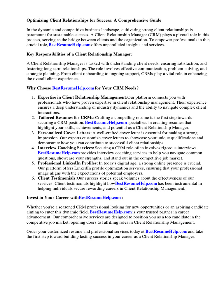 Client Relationship Manager Resume Guide | PDF | Customer Relationship ...