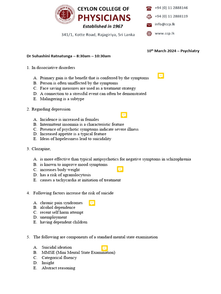 Psychiatry - MCQs - 10th March 2024 - 8.30am To 10.30am | PDF | Schizophrenia | Antipsychotic