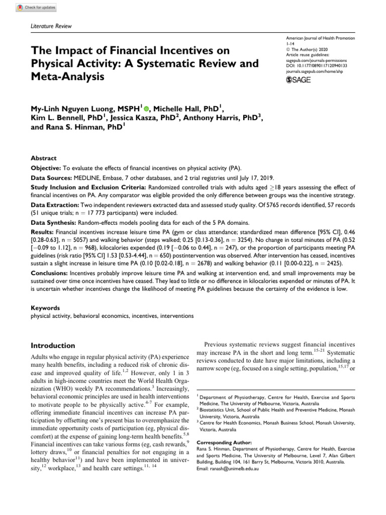 The Impact of Financial Incentives On Physical Activity: A Systematic ...