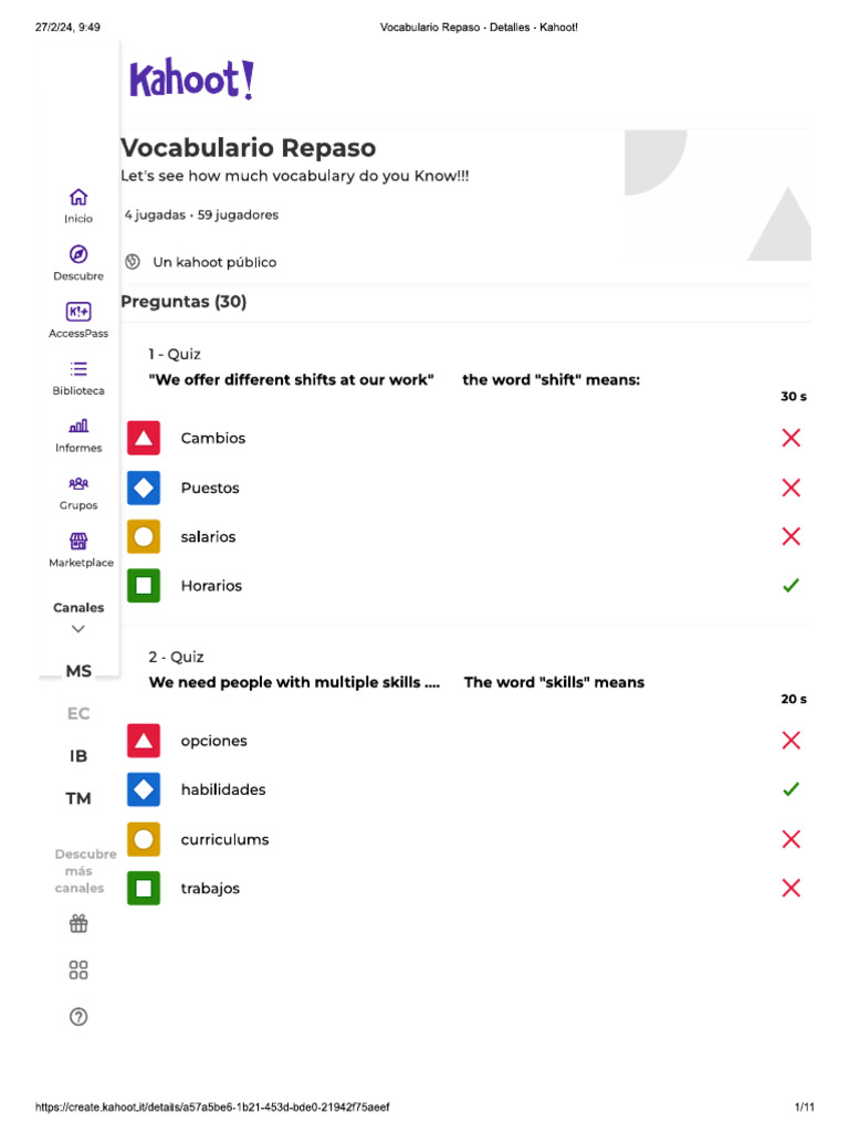 Kahoot Vocabulary | PDF