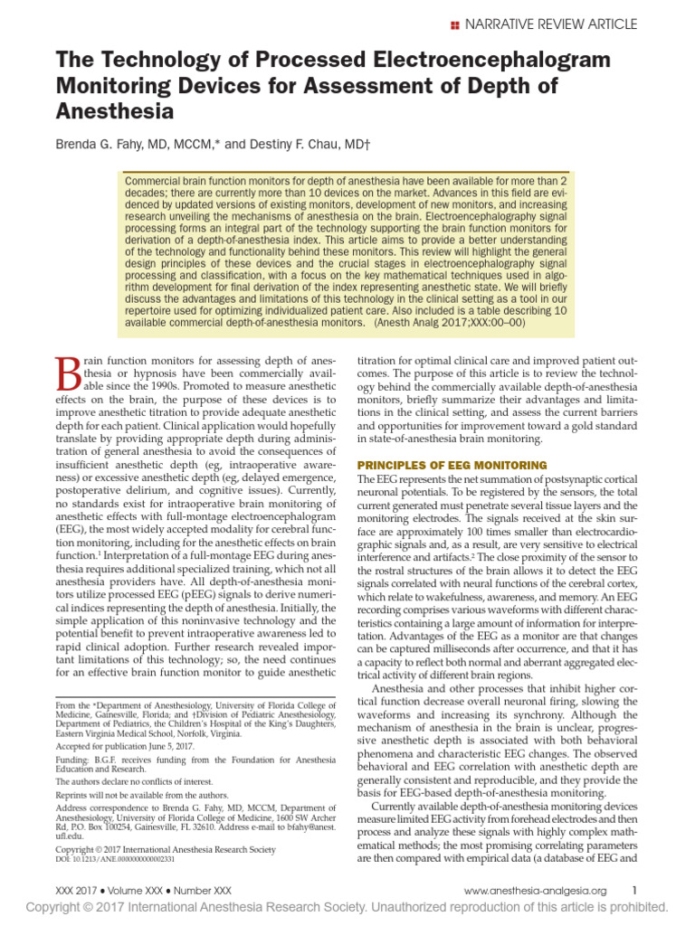 The Technology of Processed Electroencephalogram Monitoring Devices For Assessment of Depth of ...