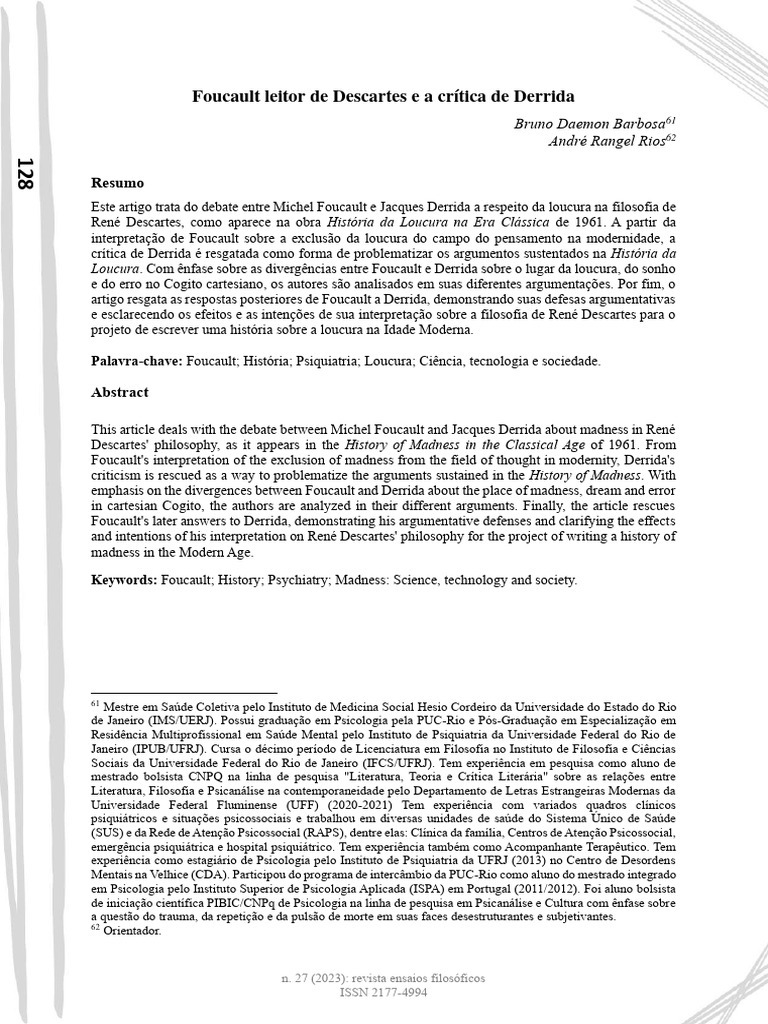 Foucault e Derrida: Loucura e Cogito | PDF | Michel Foucault | Pensamento